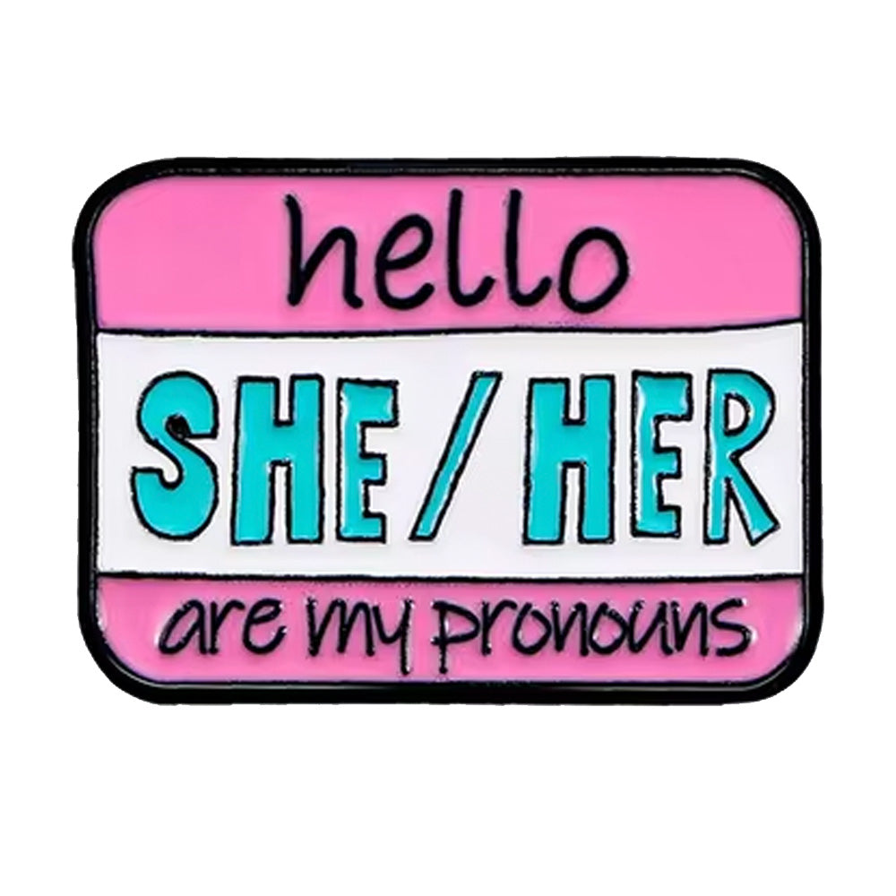 Name Badge Style Metal Pronoun Pin - She/Her (Pink/Green) – www.gayprideshop.co.uk