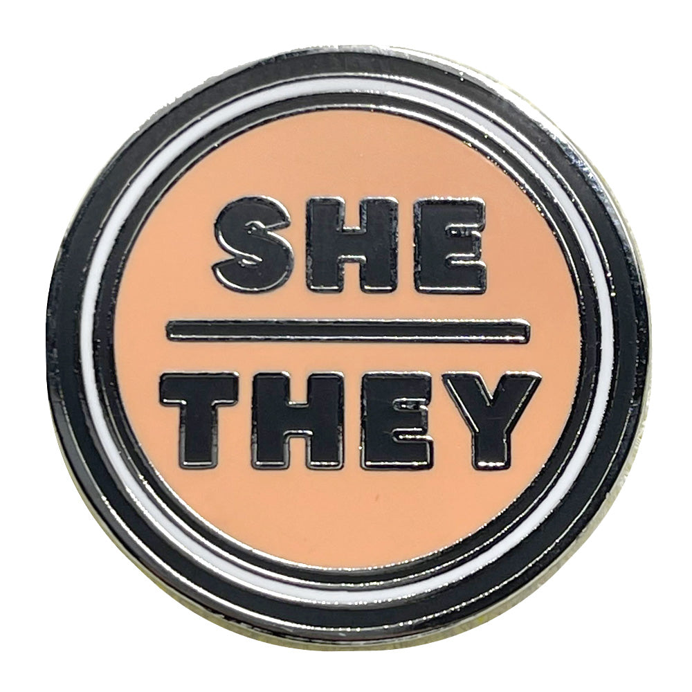 Pronoun She/They Round Metal & Enamel Pin (Peach) – www.gayprideshop.co.uk